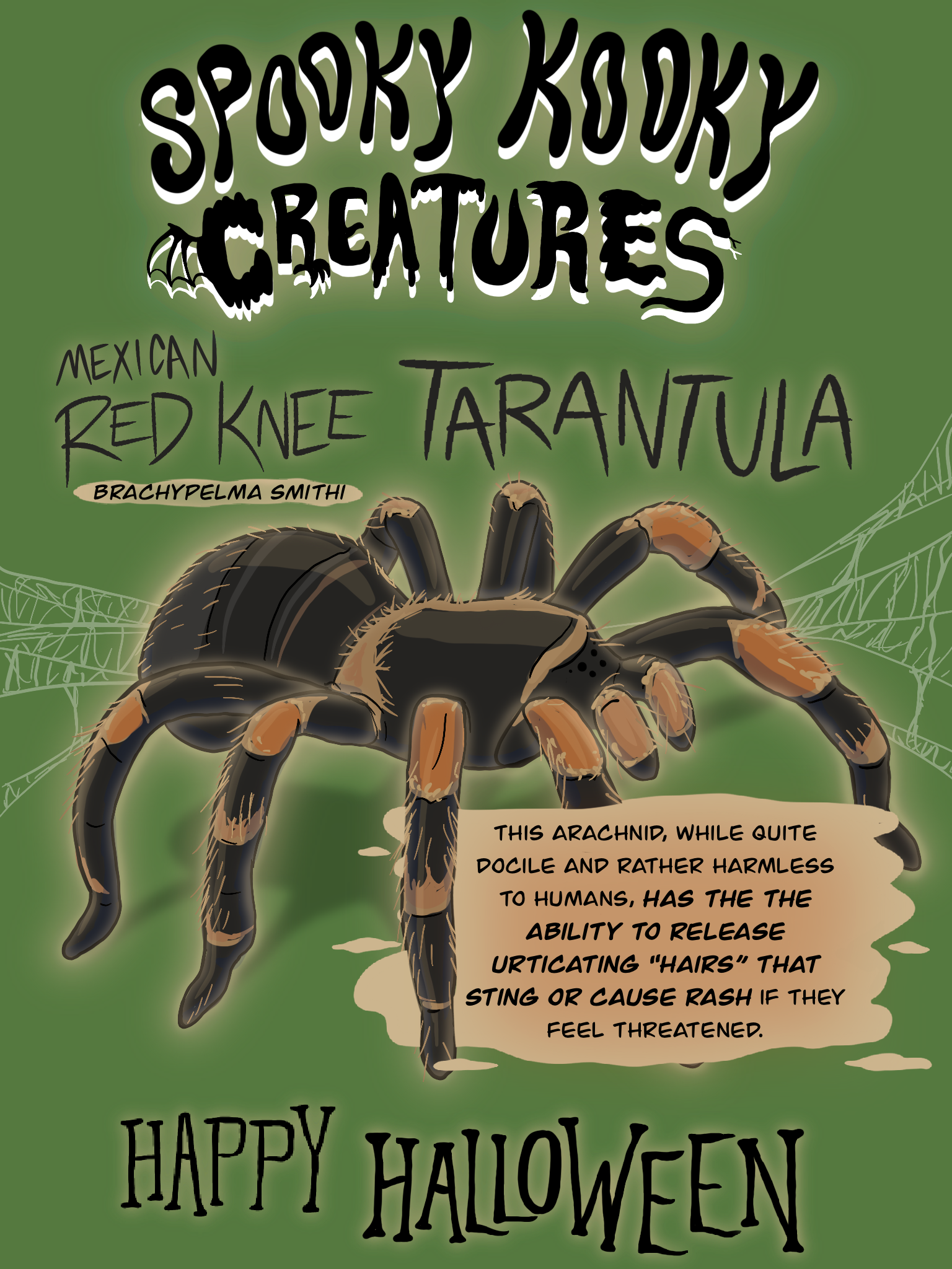 Spooky Kooky Creatures – Red Knee Tarantula – Art By Breah
