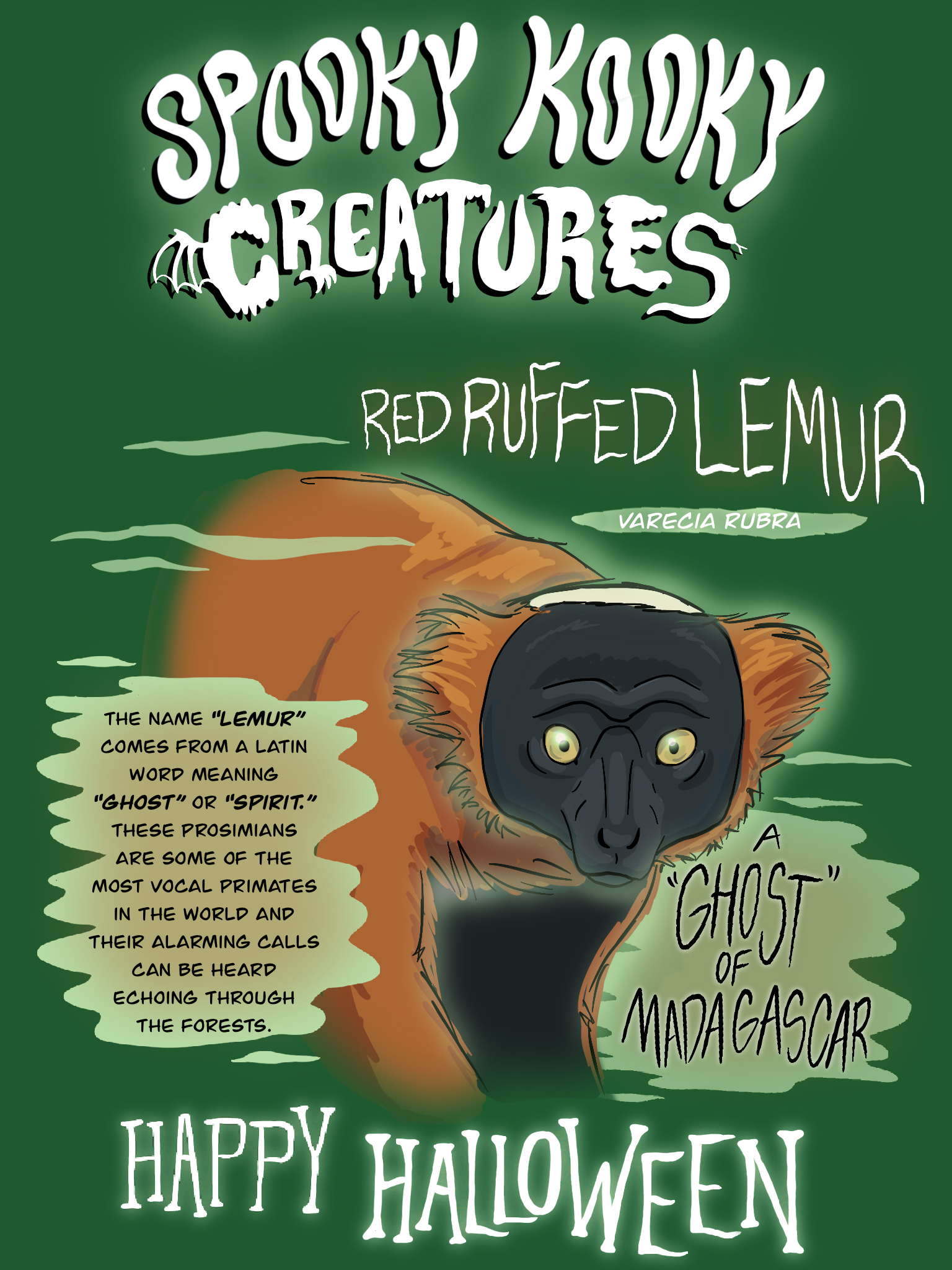 Spooky Kooky Creatures – Red Ruffed Lemur – Art By Breah